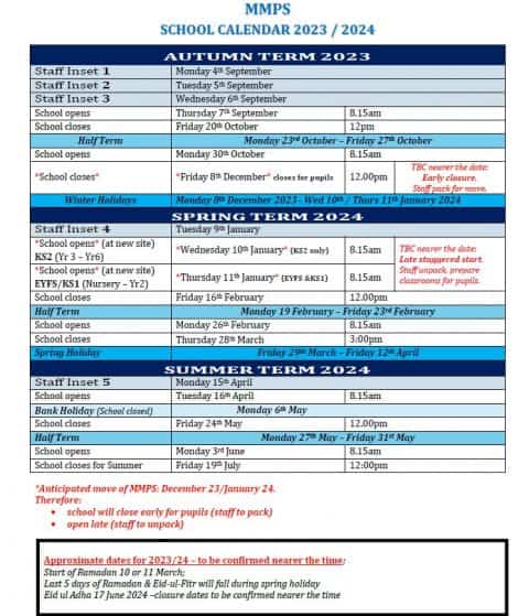 Term Dates - MMPS - Manchester Muslim Prep School